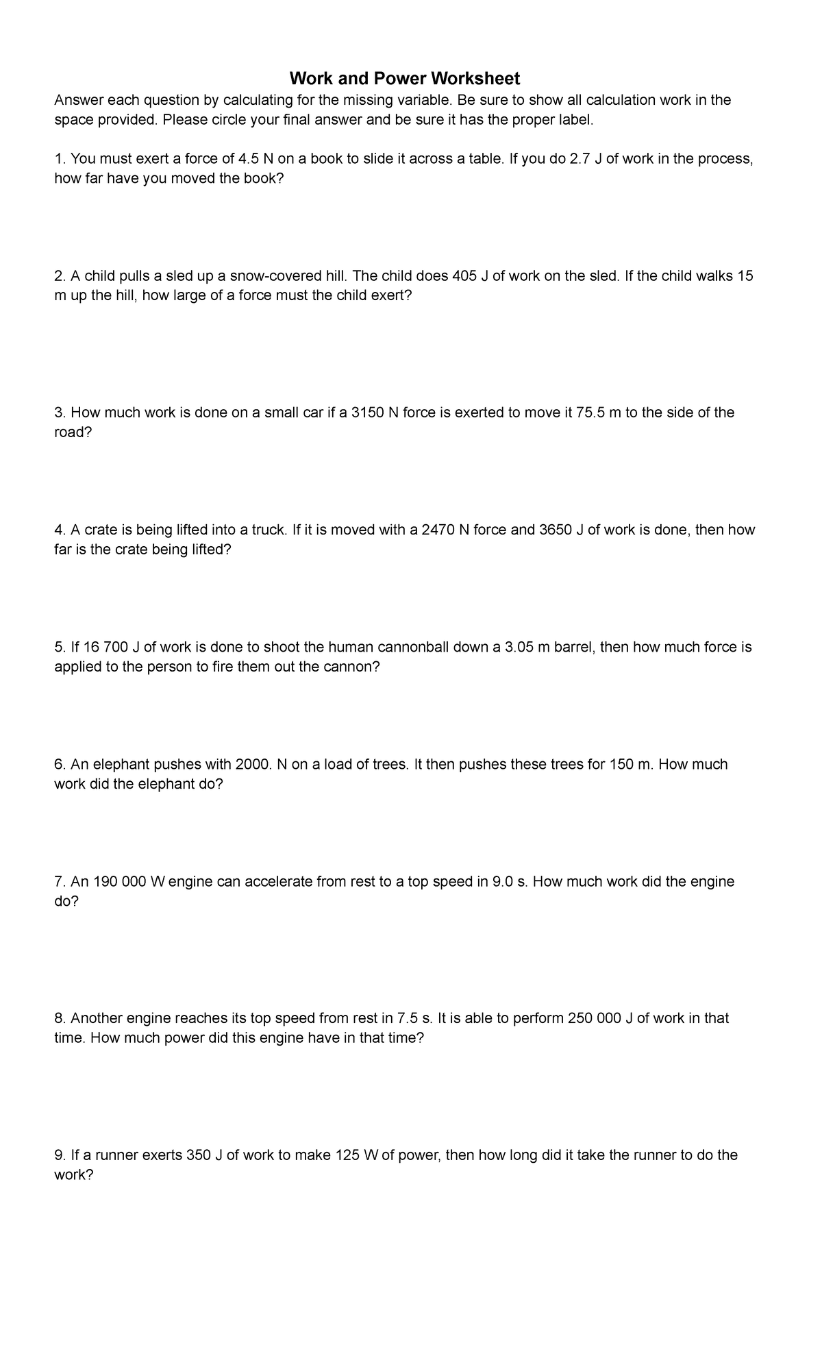Work and Power Worksheet (Physics 101) - 9 Calculation Questions - Studocu
