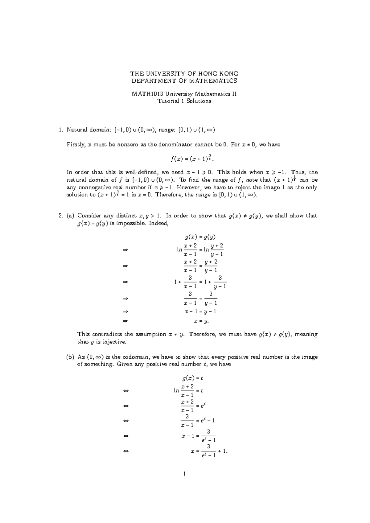 Tutorial 1 sol - THE UNIVERSITY OF HONG KONG DEPARTMENT OF MATHEMATICS ...