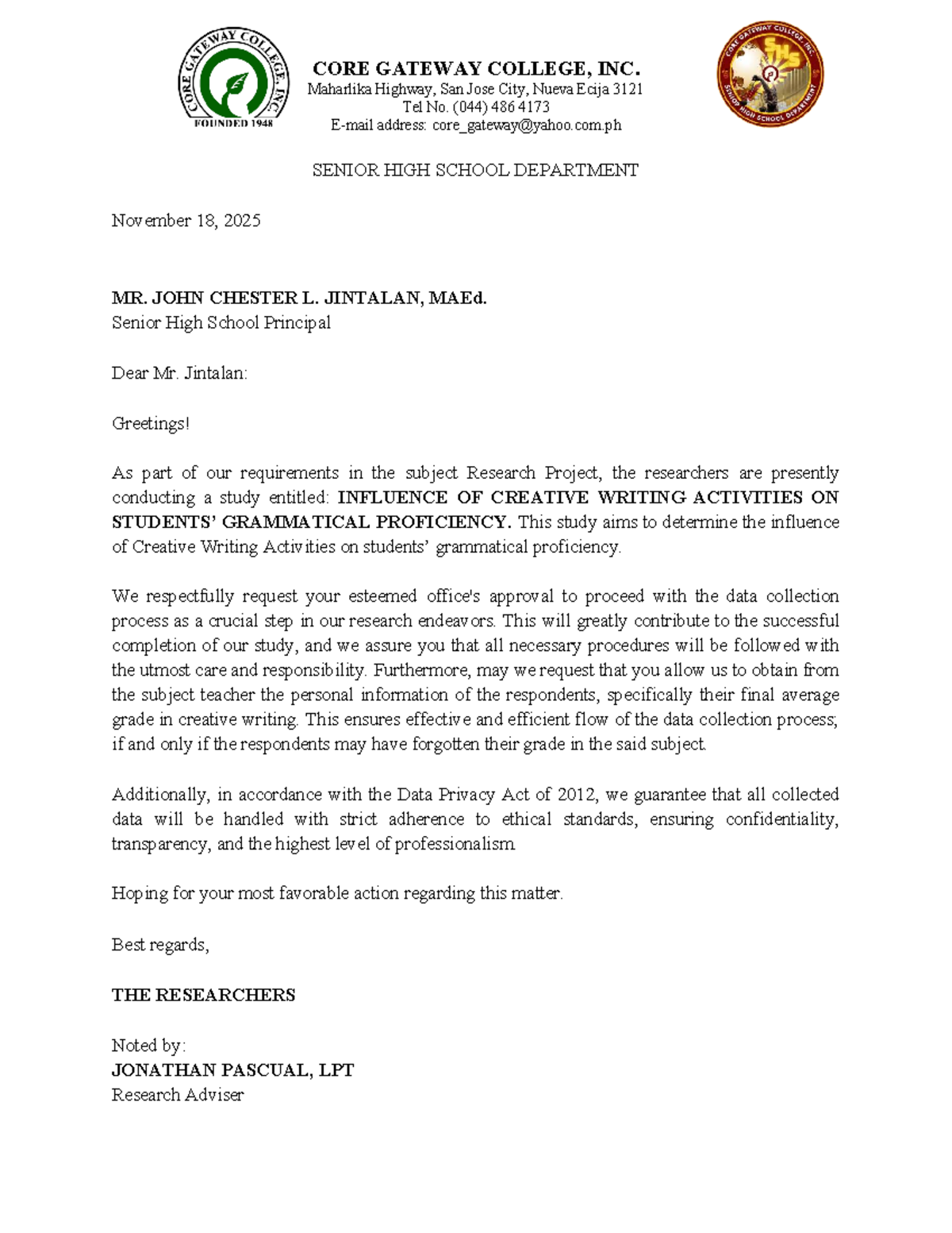 Research Project Approval Request: Influence of Creative Writing ...