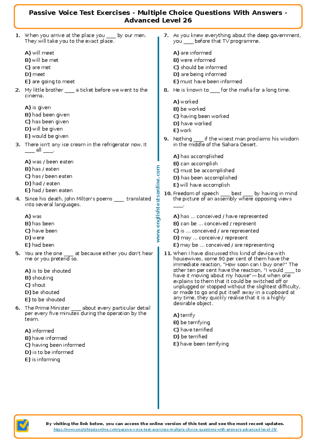Passive Voice Test Exercises MCQs with Answers - Adv Level 26 - Studocu