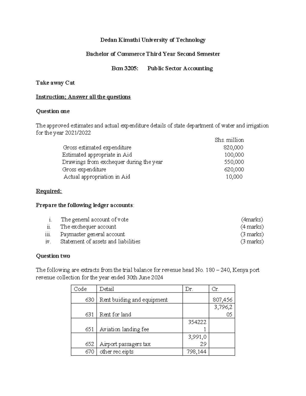 Bcm 3205: Public Sector Accounting Takeaway CAT Answers - Studocu