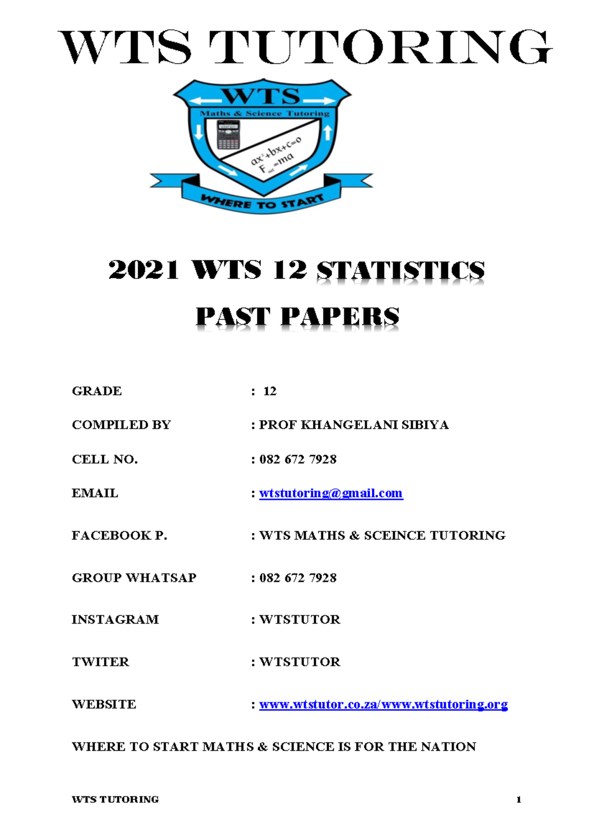 2021 WTS 12 Statistics Past Paper Questions Compilation - Studocu