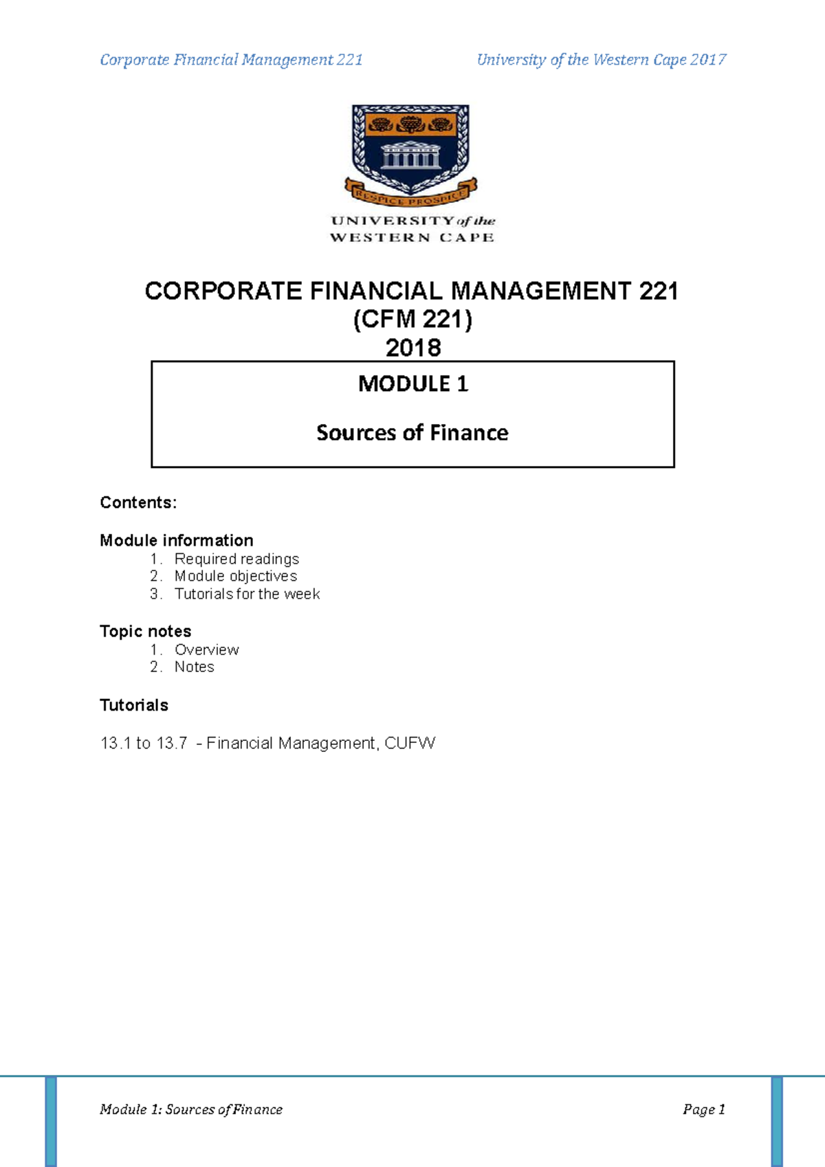 CFM 221: Module 1 - Sources of Finance Study Notes 2018 - Studocu