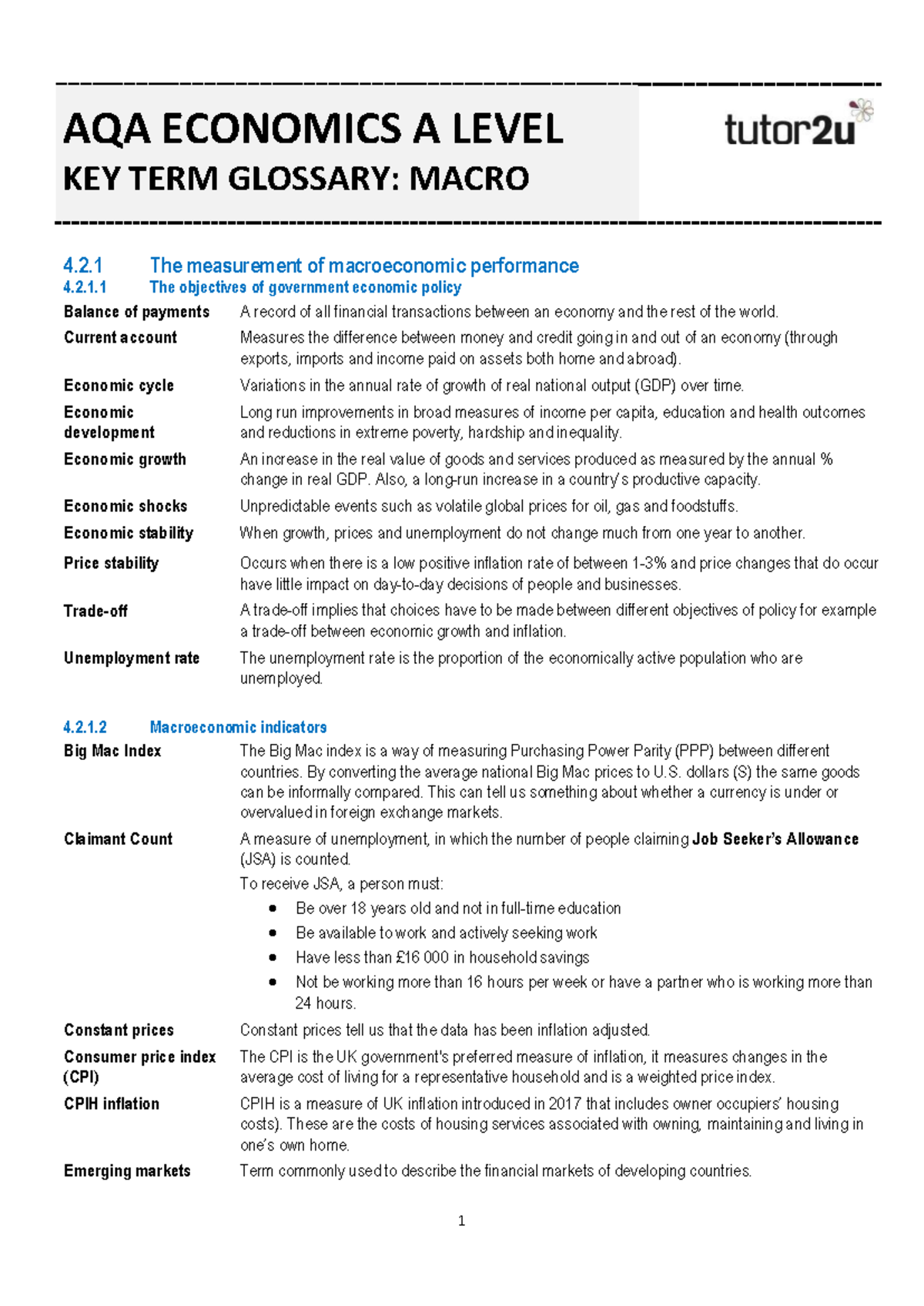 AQA economics A level key term glossary: macroeconomic performance and ...
