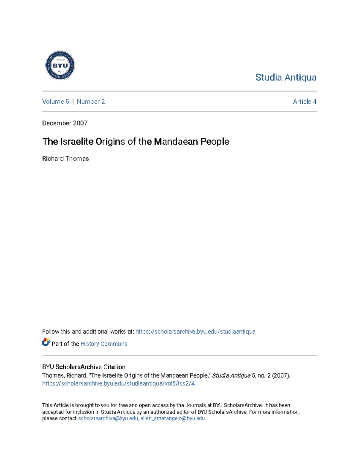 Studia Antiqua 5.2: The Israelite Roots of Mandaean Identity - Studocu