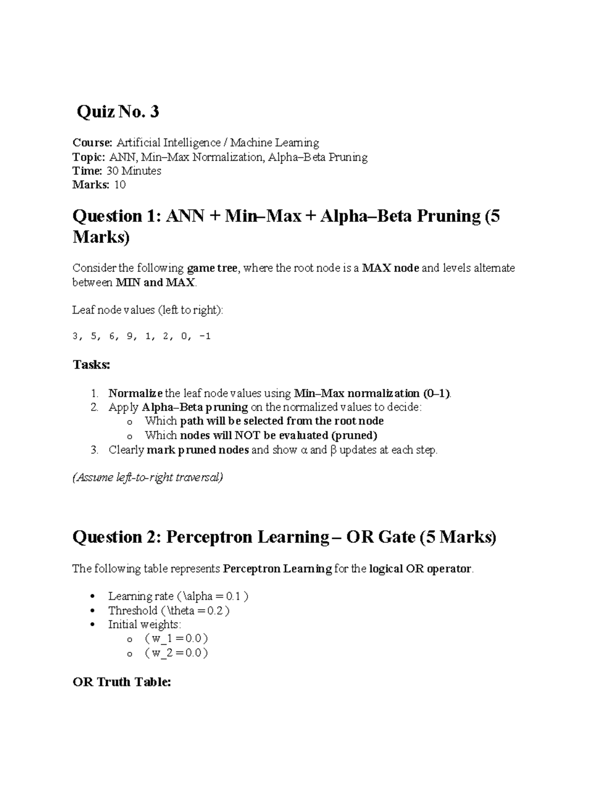 Quiz No. 3 - AI (Artificial Intelligence) - ANN & Pruning Techniques ...