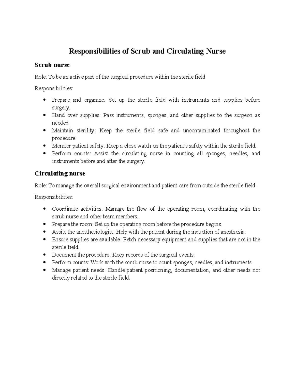 Responsibilities of Scrub & Circulating Nurse: Roles & Duties - Studocu