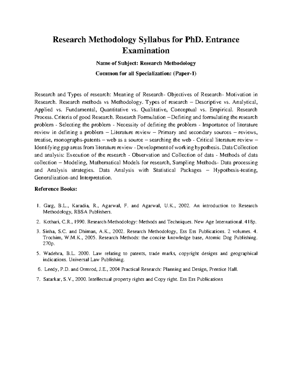 Research Methodology Syllabus for PhD Entrance Exam (Common Paper-1 ...