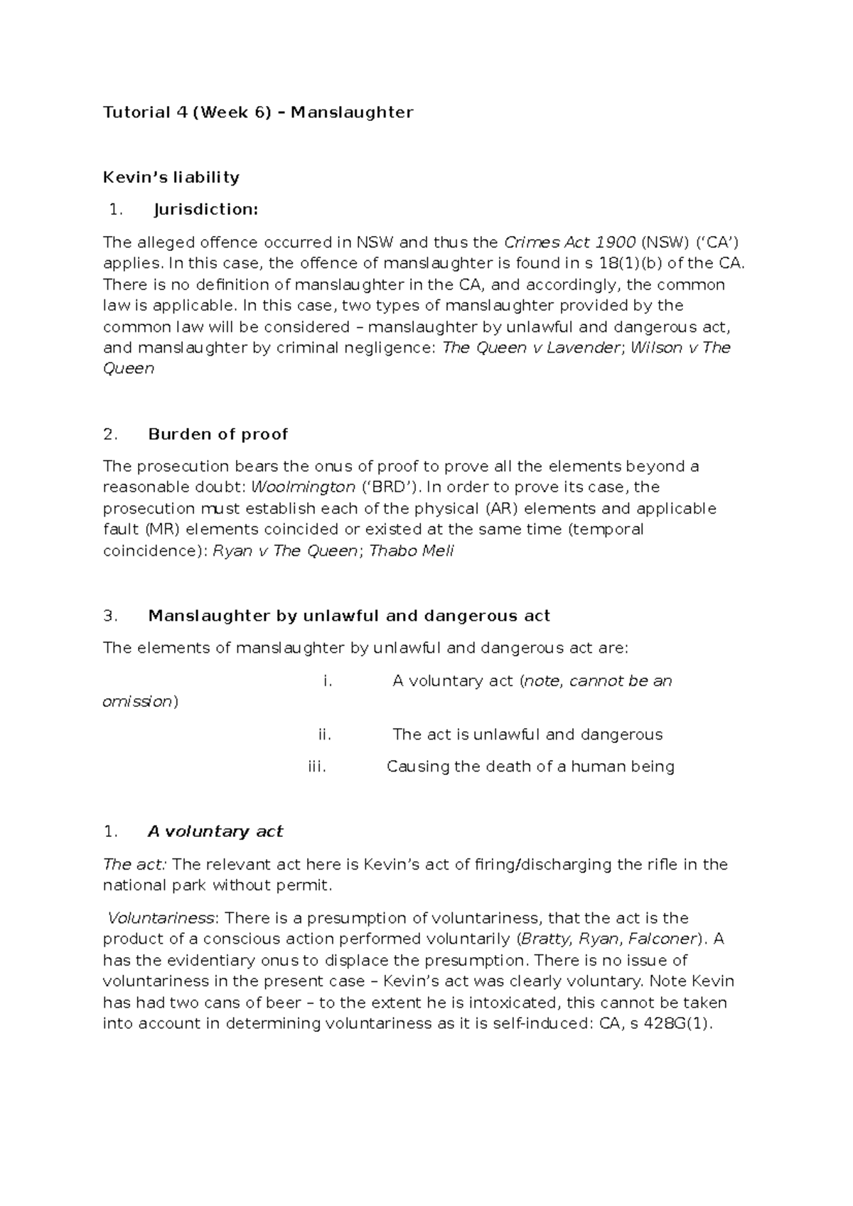 Manslaughter Liability: Exam Scaffold for Tutorial 4 (Week 6) - Studocu