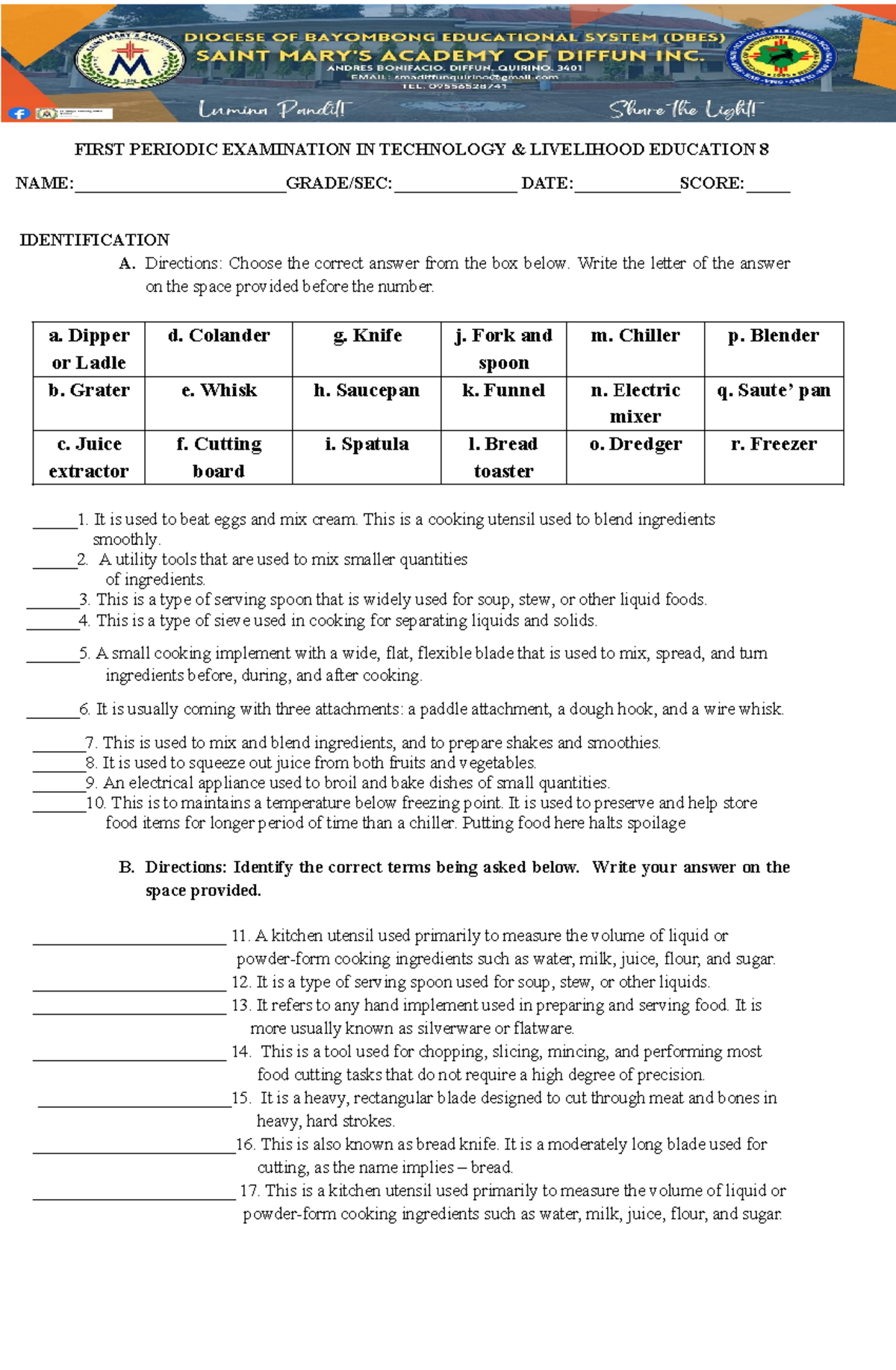 1ST Periodic Exam - TLE 8: Technology & Livelihood Education - Studocu