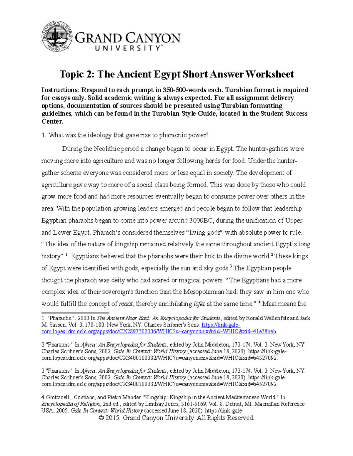 HIS325.R: Short Answer Worksheet on Ancient Egyptian Ideology and ...