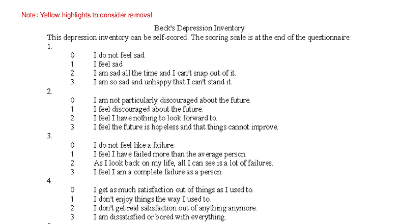 Beck Depression Inventory (BDI) Assessment Notes - Studocu