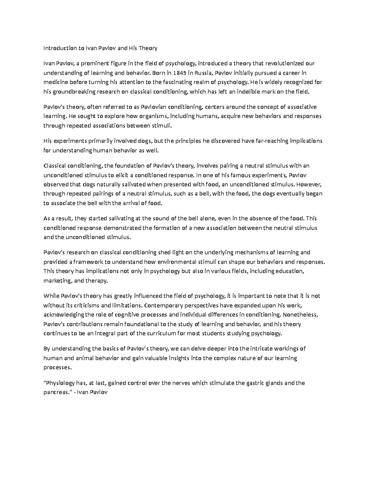 Introduction to Ivan Pavlov and His Theory - Born in 1849 in Russia, Pavlov initially pursued a ...