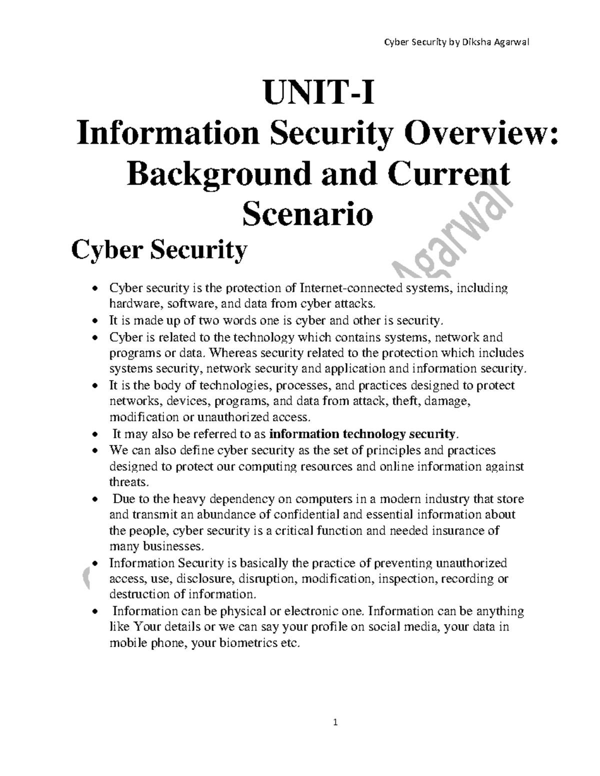 CS UNIT 1 - Cyber security notes for mdsu - UNIT-I Information Security ...