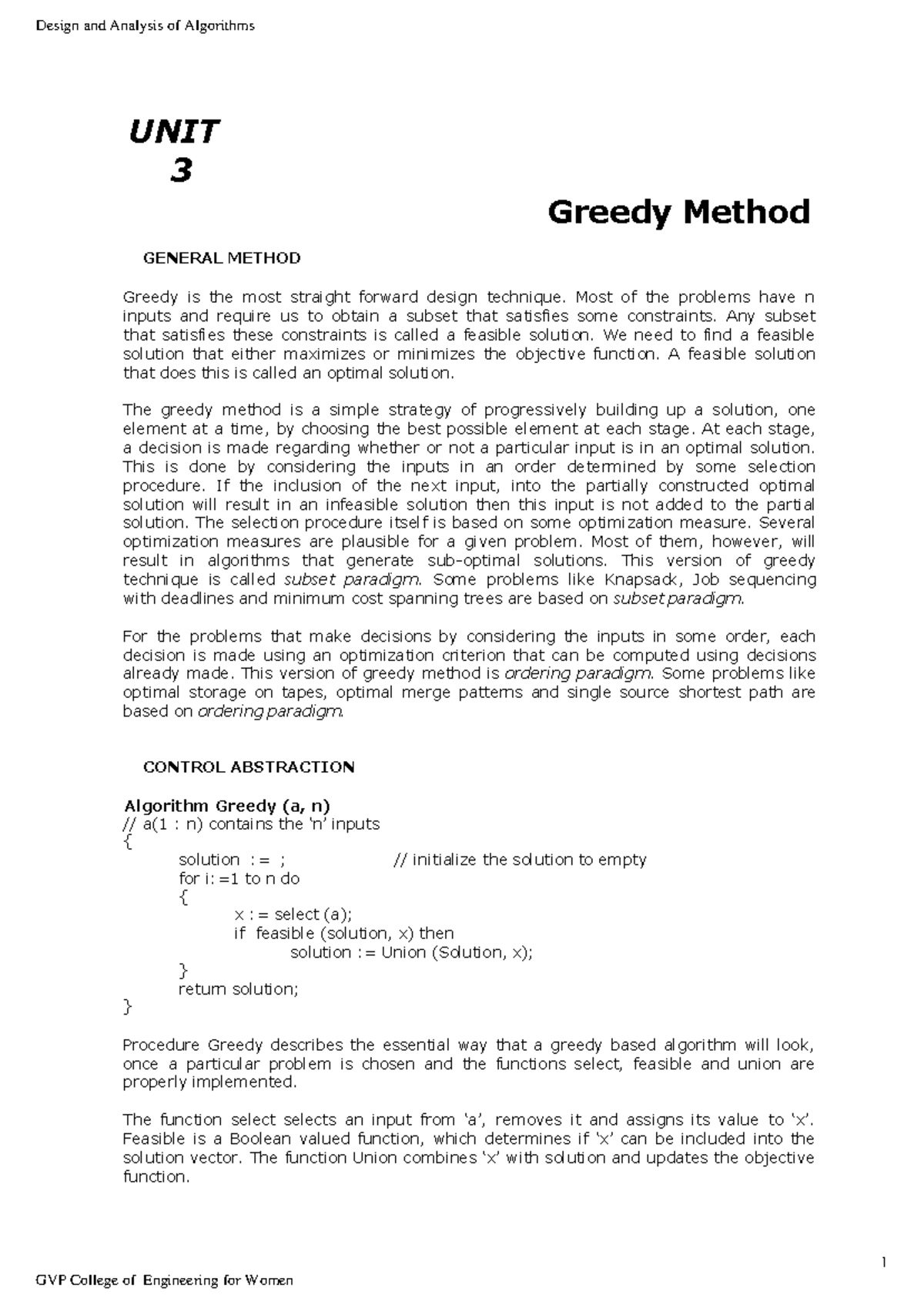 DAA UNIT 3: Greedy Method and Its Applications in Algorithms - Studocu