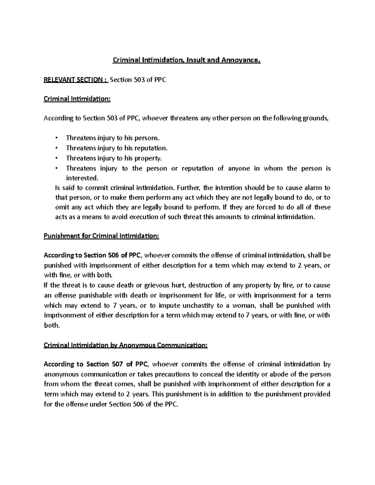 Criminal Intimidation: Overview of PPC Sections 503-508 Law Notes - Studocu