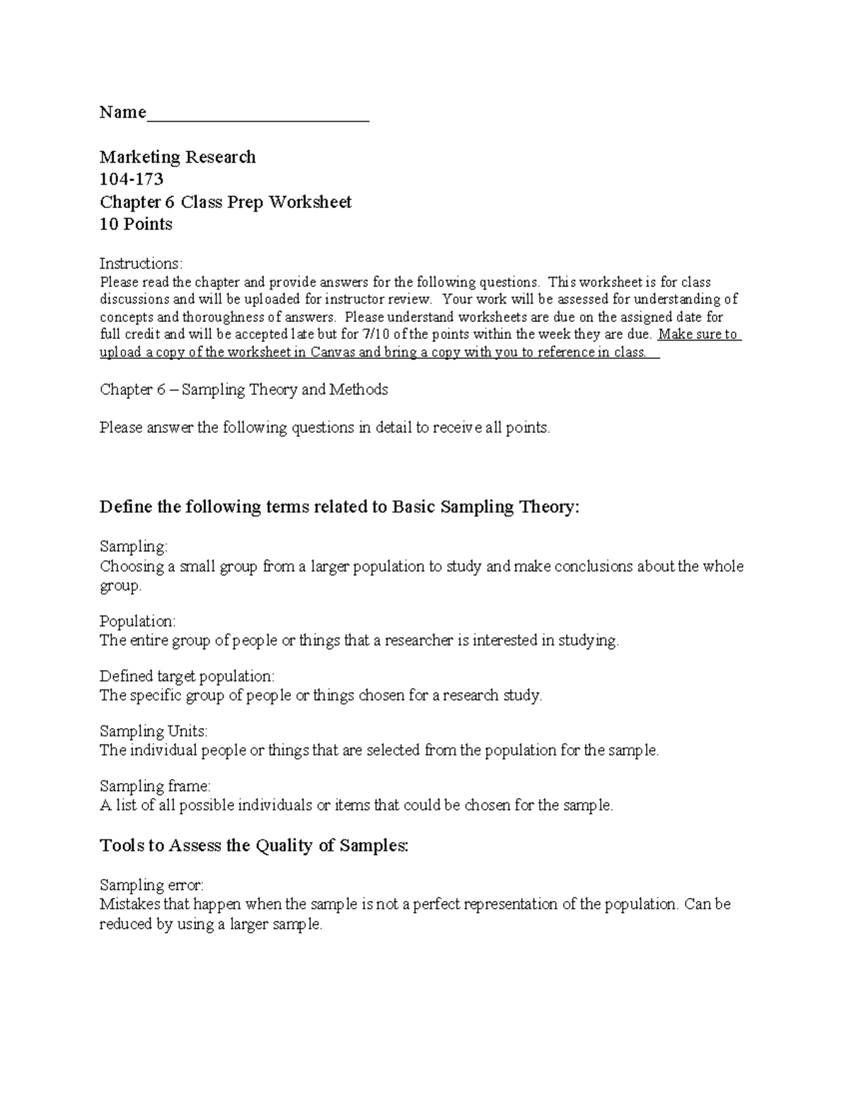 Marketing Research Chapter 6 Worksheet - Name ...