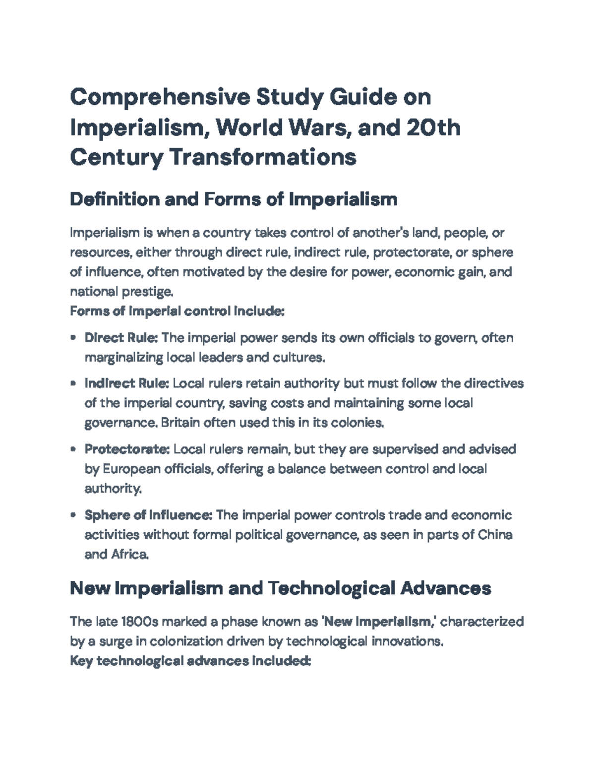 Comprehensive Study Guide: Imperialism, WWI, WWII & 20th Century ...