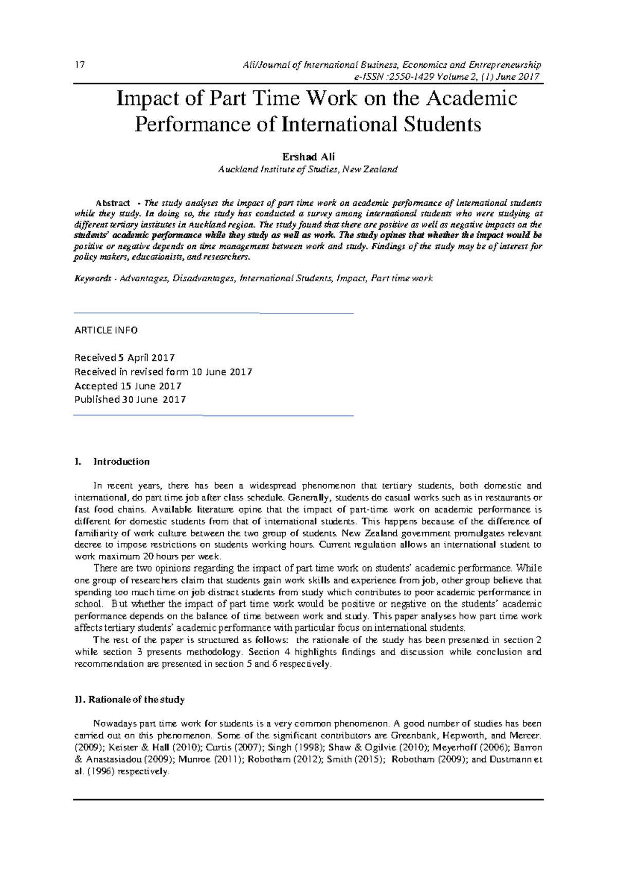 Impact of Part Time Work on Academic Performance of Int'l Students ...