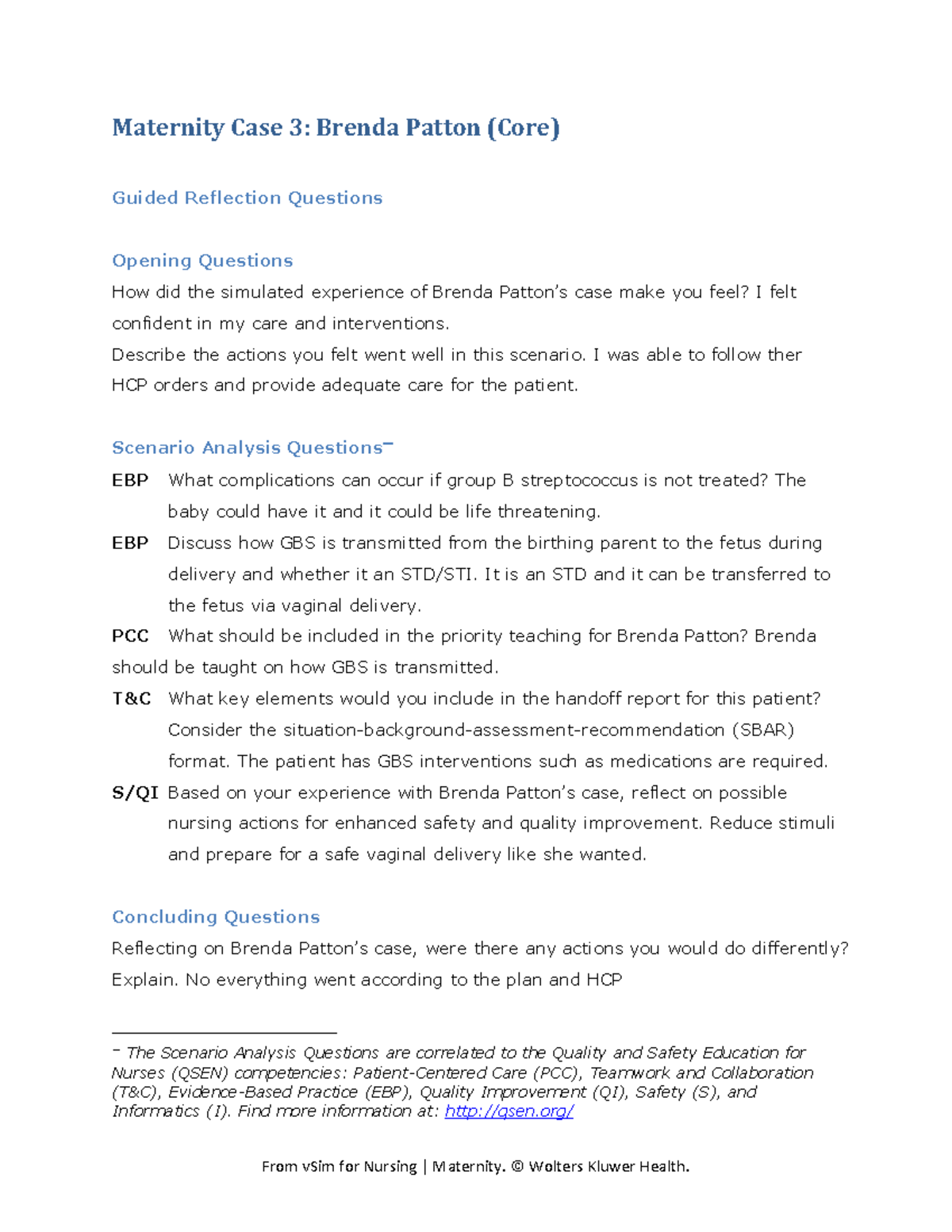 NUR 204 - vSim Maternity Case 3: Brenda Patton Reflection & Analysis ...