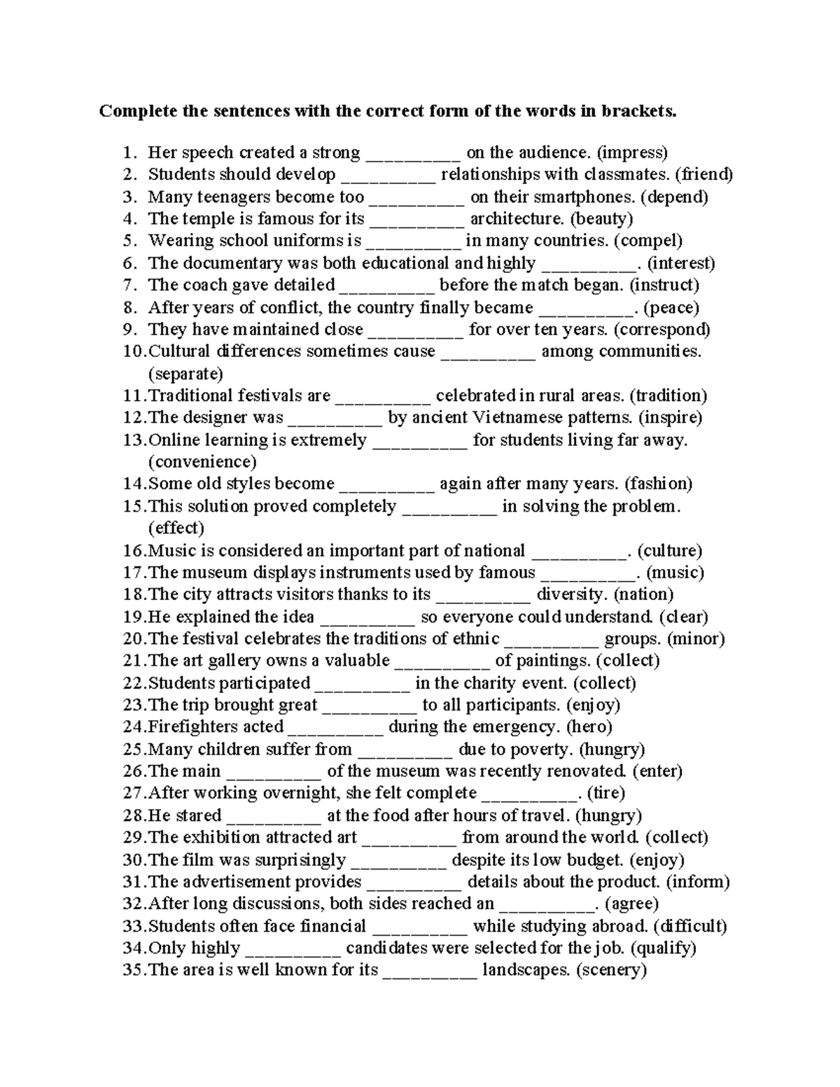 Revision Unit 1-7: Complete the Sentences with Correct Word Forms - Studocu