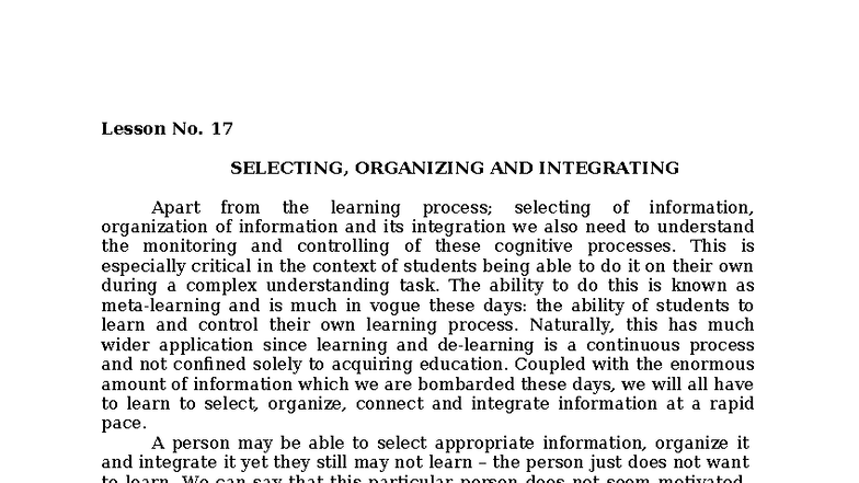 Lesson 17: Selecting, Organizing, and Integrating Information - Studocu