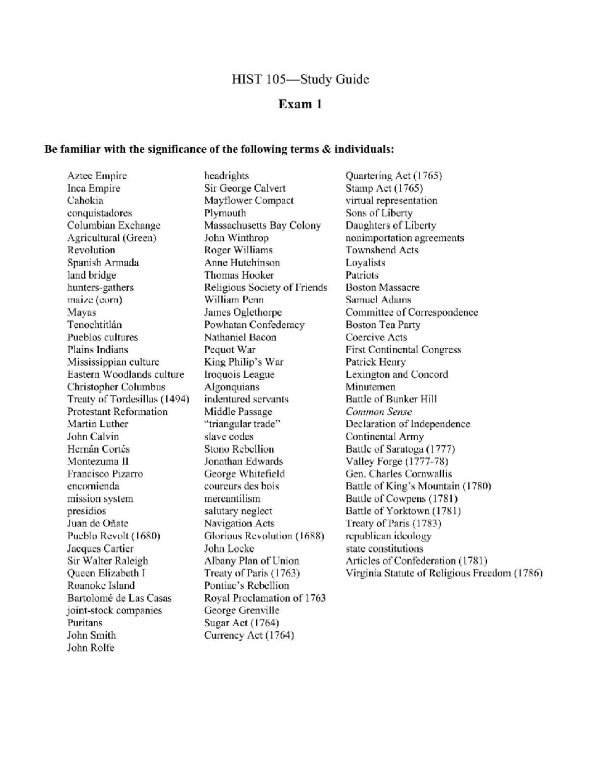 HIST 105 - Exam I Study Guide: Key Terms & Historical Significance ...