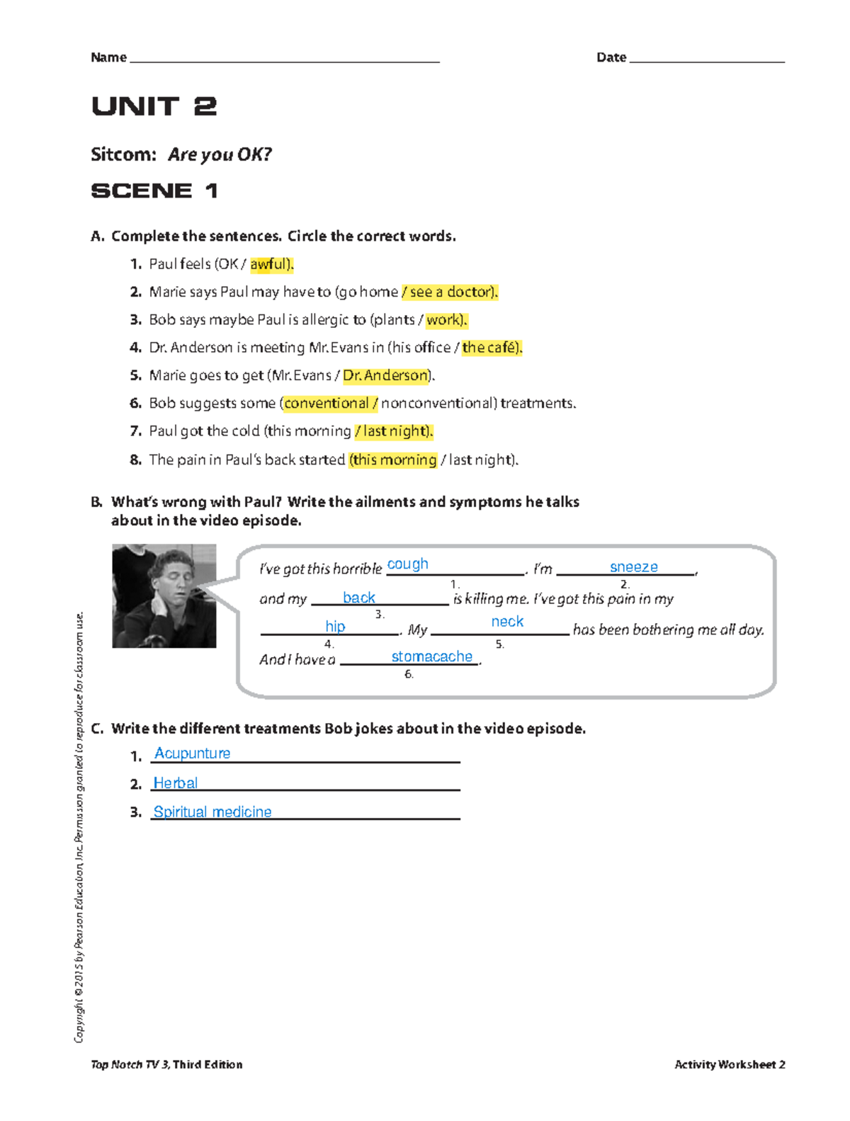 UNIT 02 Sitcom Activity Worksheet: "Are You OK?" Questions & Answers ...