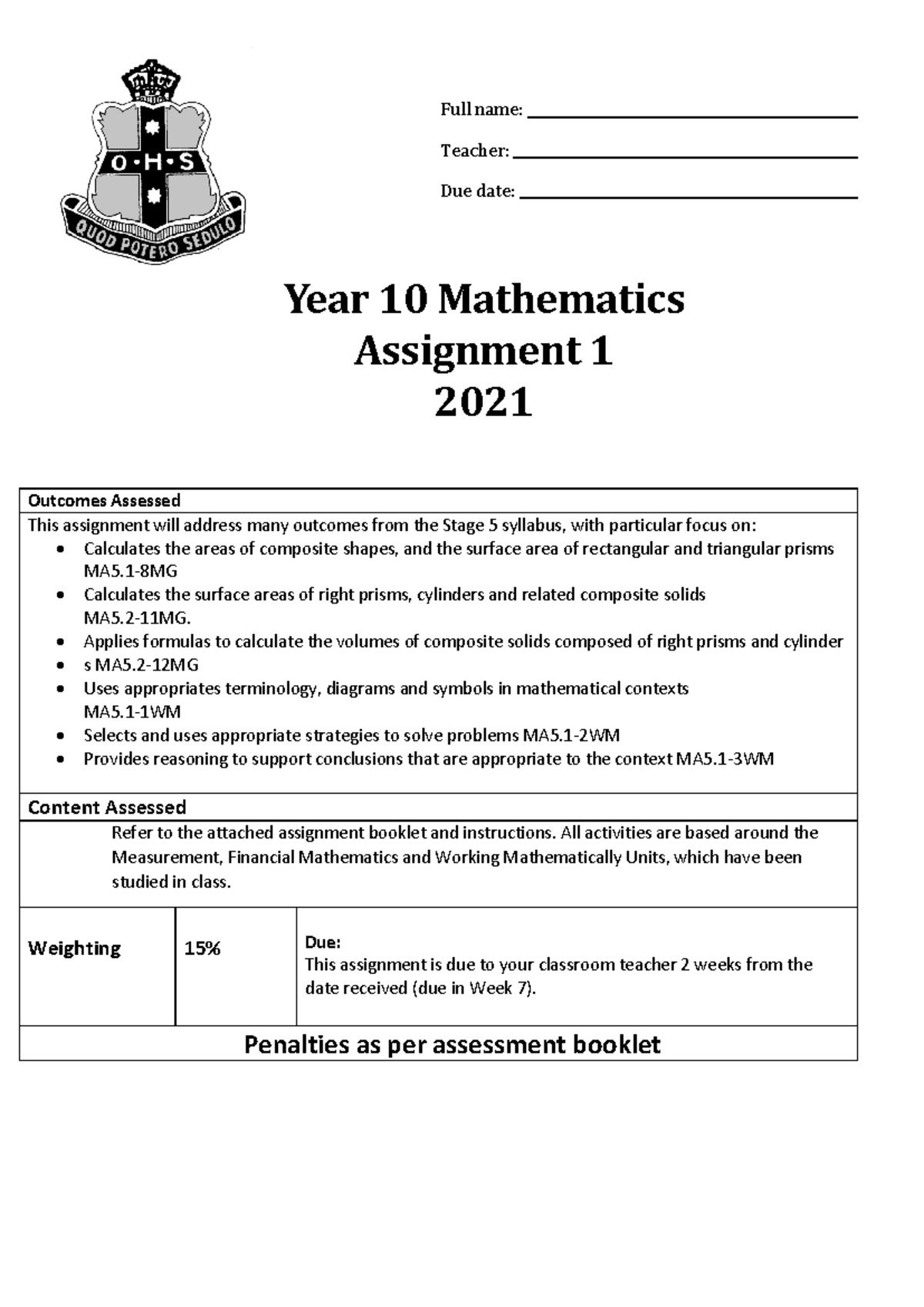 Yr 10 Math Assignment 1 - Measurement & Financial Math Tasks - Studocu