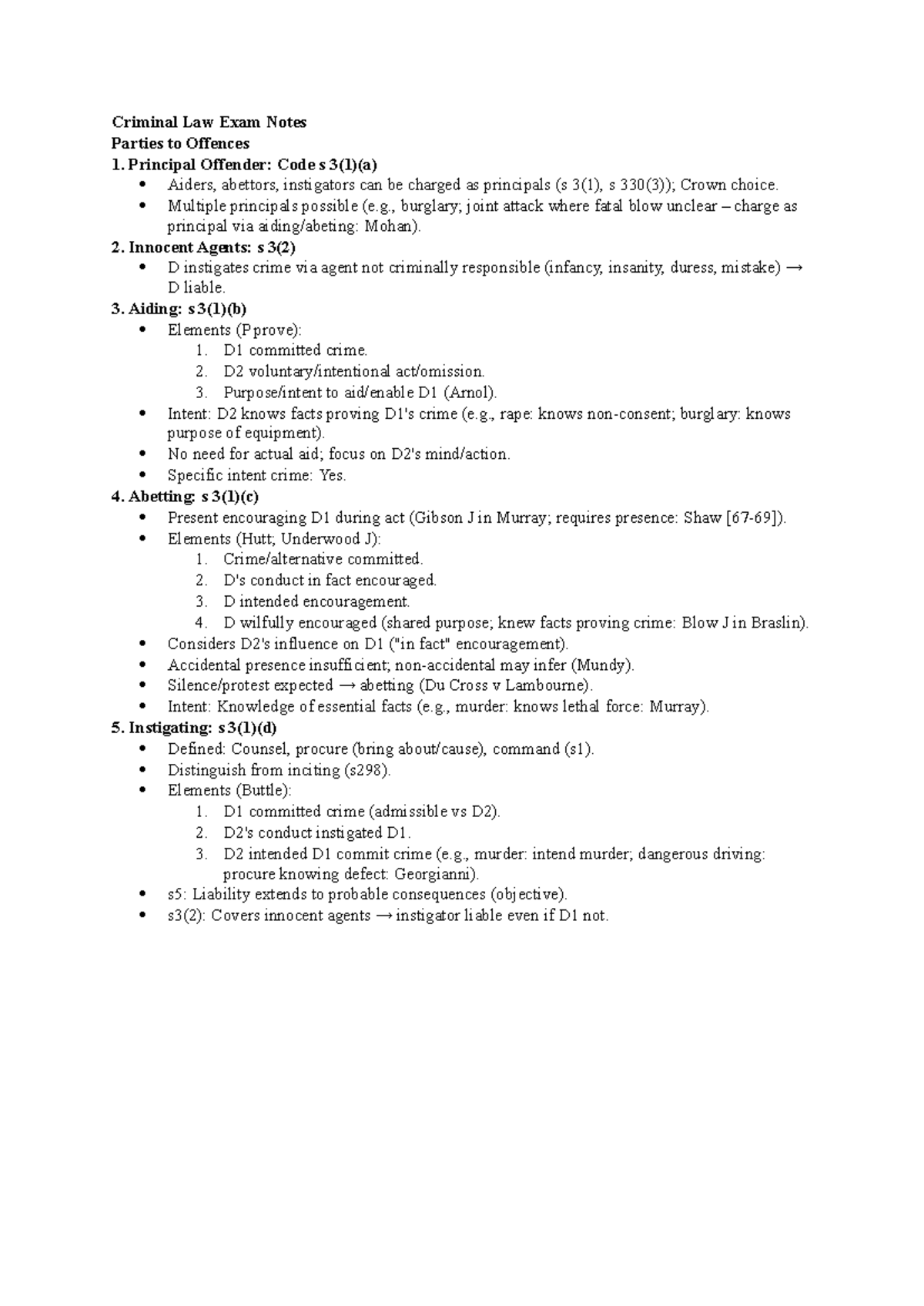 Criminal Law B Exam Notes: Key Elements of Offences - Studocu