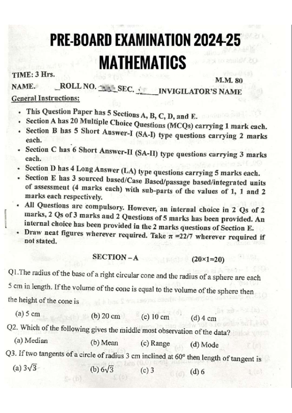Preboards Maths - EXAMINATION MATHEMATICS TIME: 3 Hrs. M. 80 NAME. ROLLNO SEC. : NAME General ...