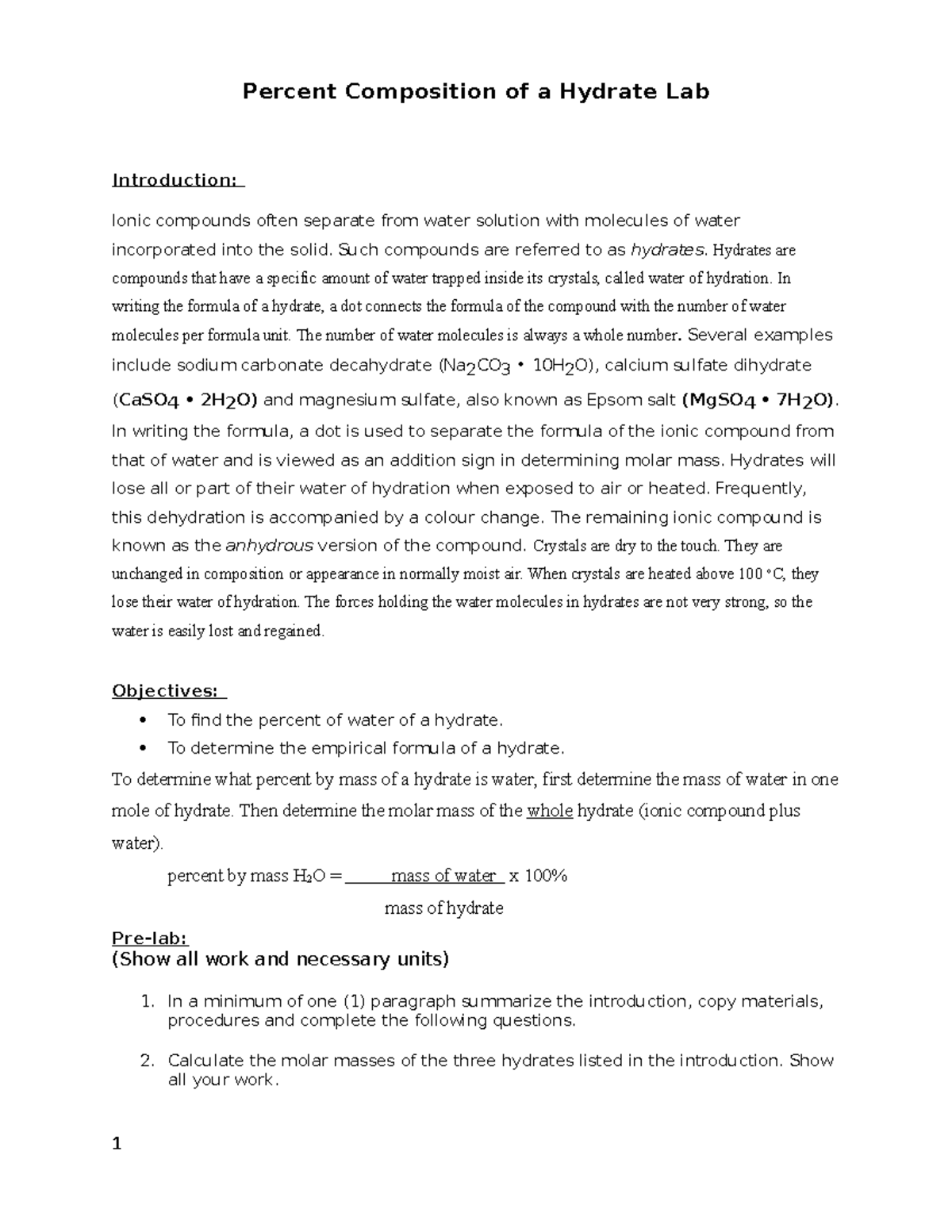 Percent Hydrate Lab 2020 - Introduction: Ionic compounds often separate ...
