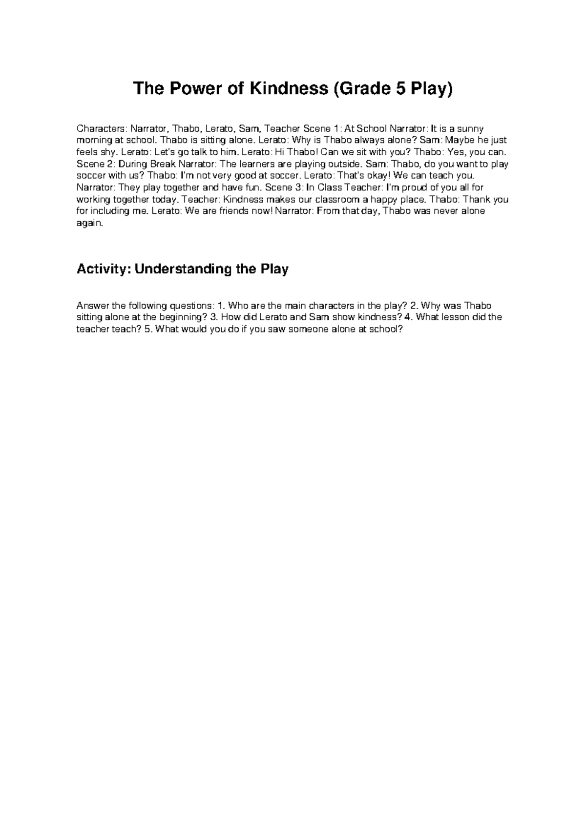 Grade 5 Play: The Power of Kindness - Character & Activity Guide - Studocu