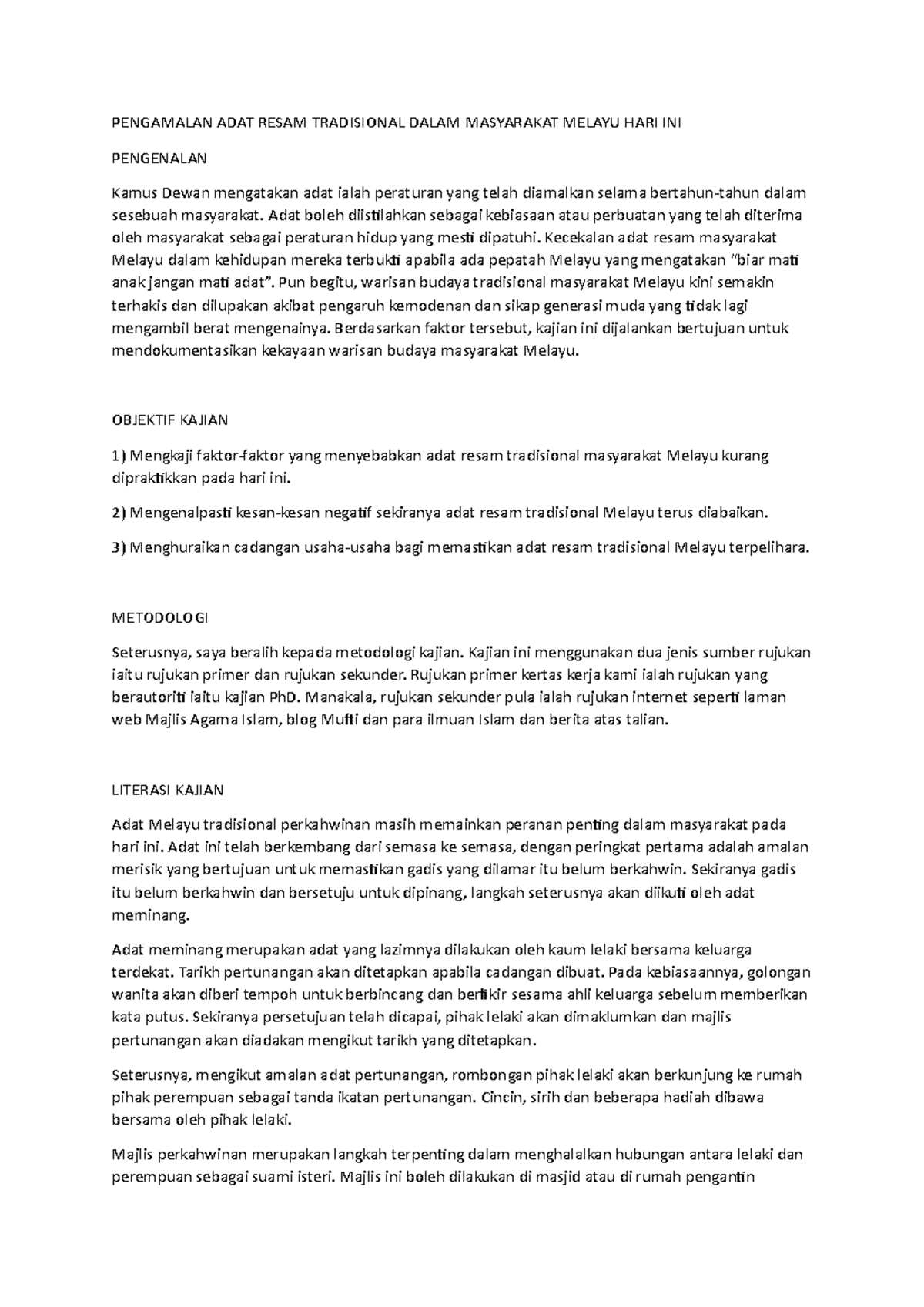 Pengamalan Adat Resam Tradisional Melayu dalam Era Moden - Studocu