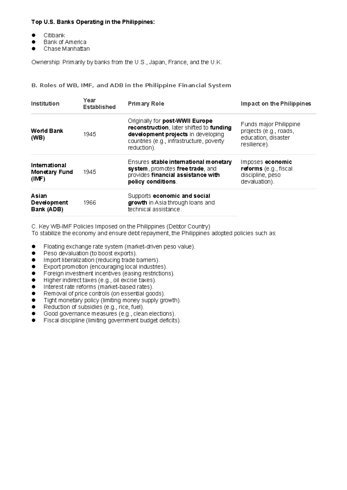 Top U.S. Banks in the Philippines: Roles of WB, IMF, ADB - Studocu