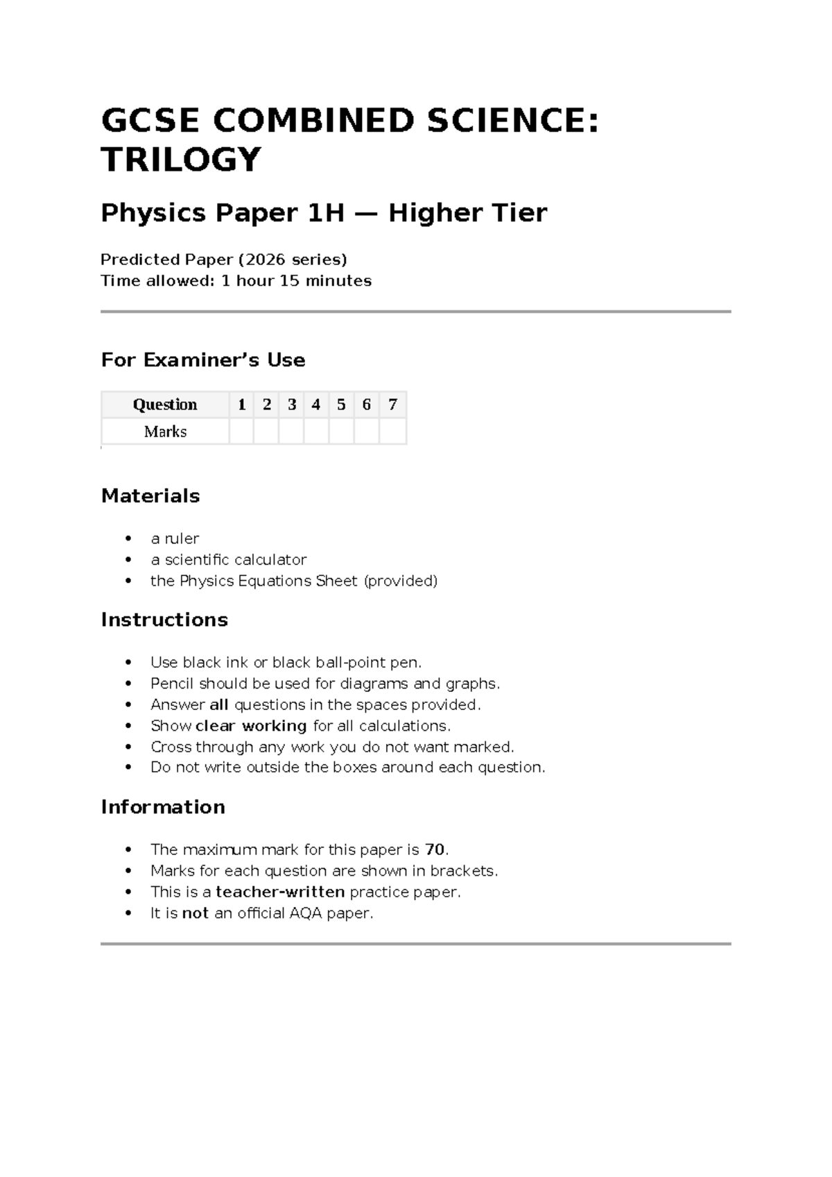 GCSE COMBINED SCIENCE: TRILOGY Physics Paper 1H Higher Tier Predicted ...
