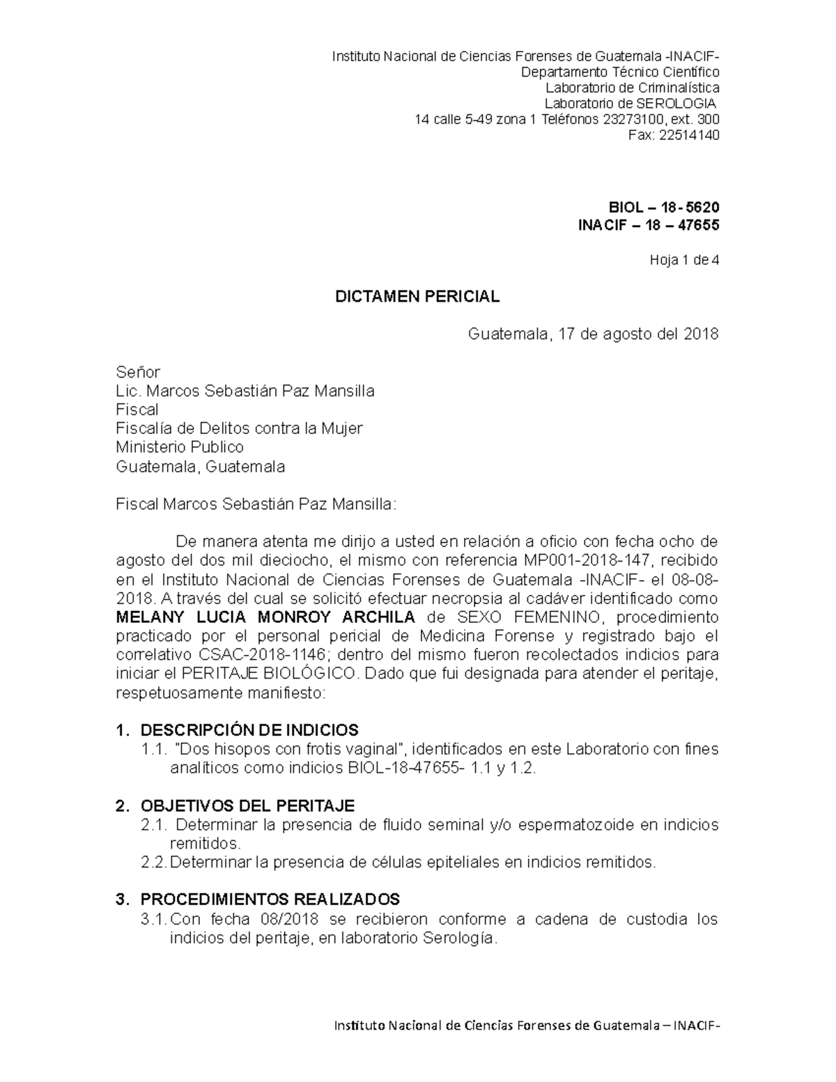 Dictamen Pericial de Peritaje Biológico BIOL-18-5620 sobre la Victima ...