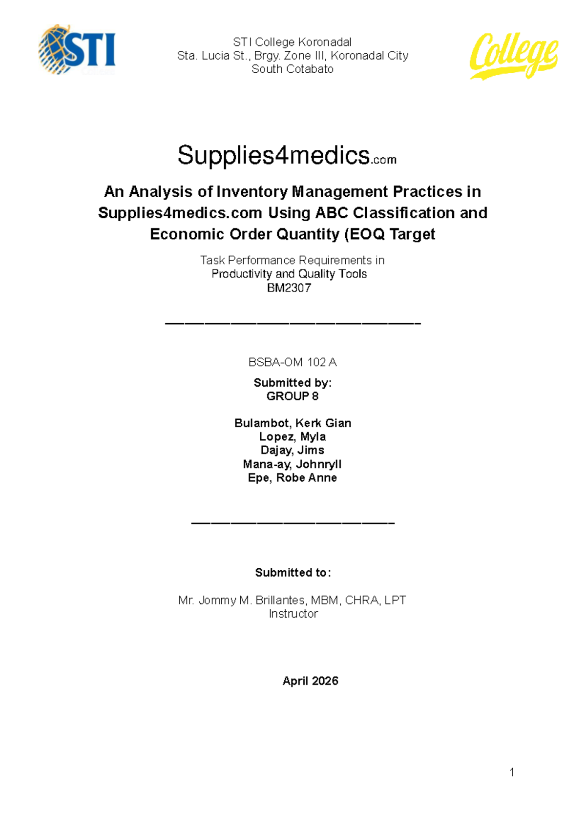 Inventory Management Analysis: ABC Classification & EOQ - BM2307 102 A ...