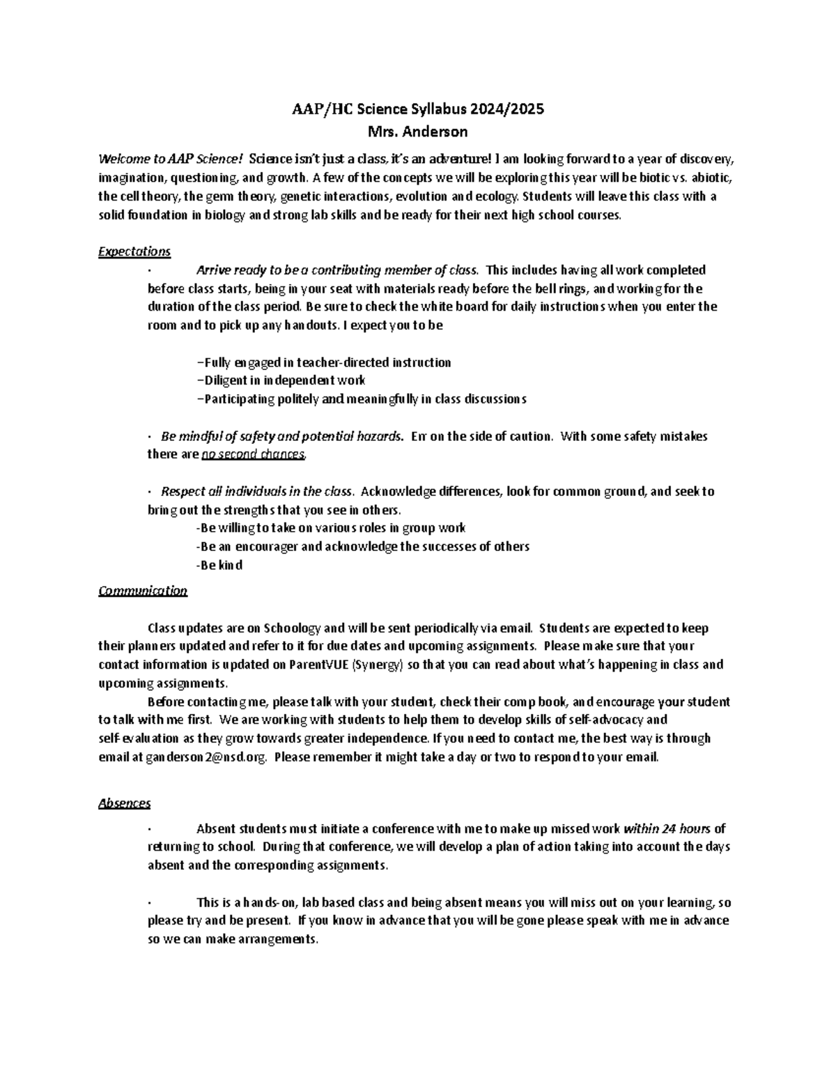Anderson HC 8 Science Syllabus: Class Expectations & Policies - Studocu
