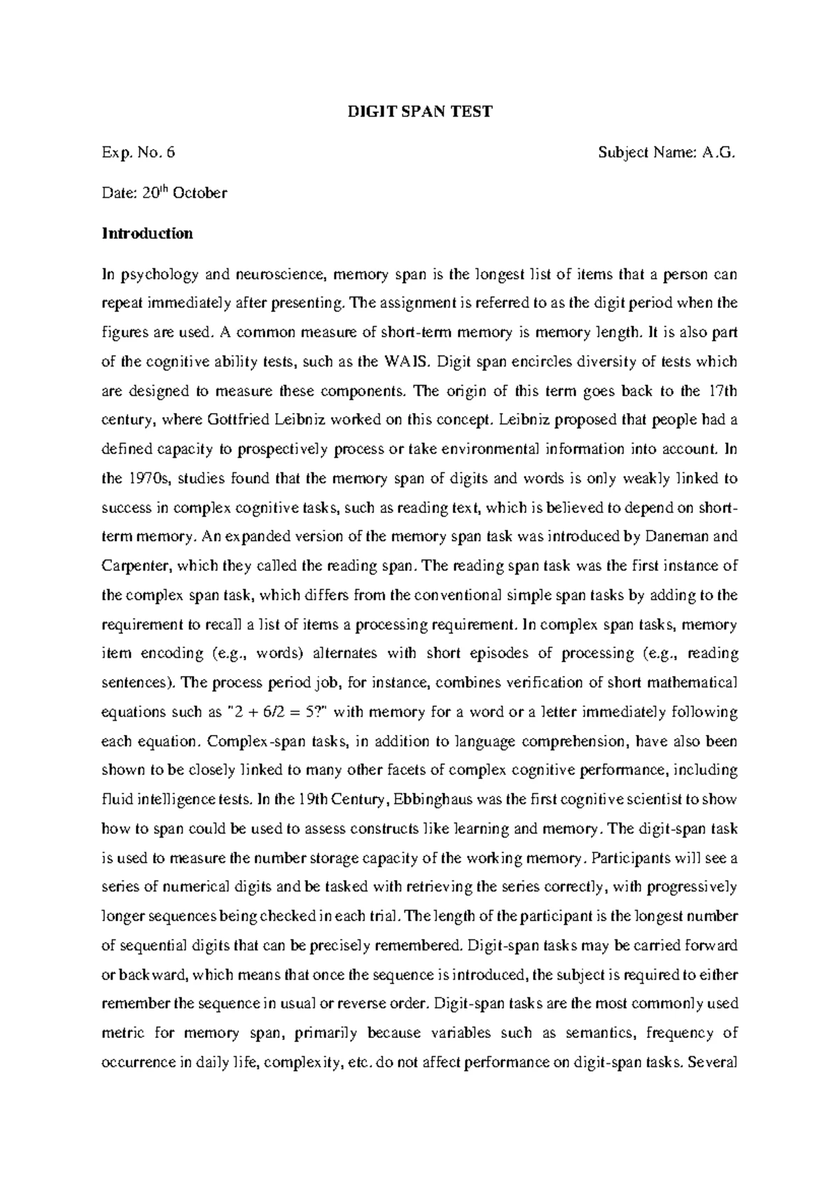 Digit SPAN TEST Report-1930127 - DIGIT SPAN TEST Exp. No. 6 Subject ...