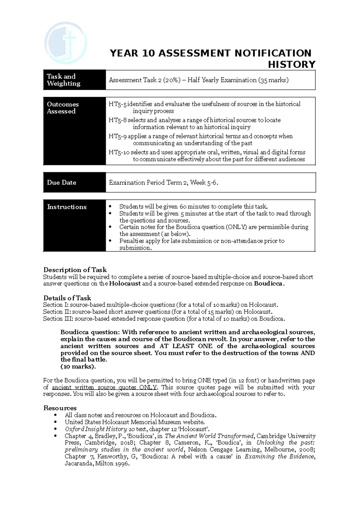 2025 10HIS A2 HY Half Yearly Exam Notification - Holocaust & Boudicca ...