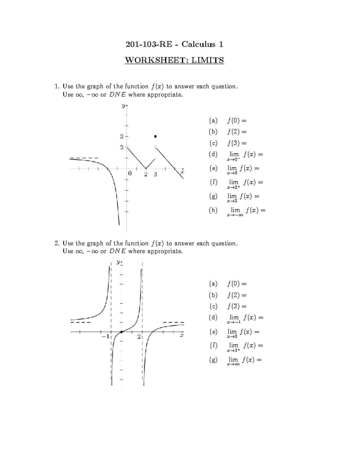 Calculus 1 (201-103-RE) - Limits and Continuity Practice Worksheet ...