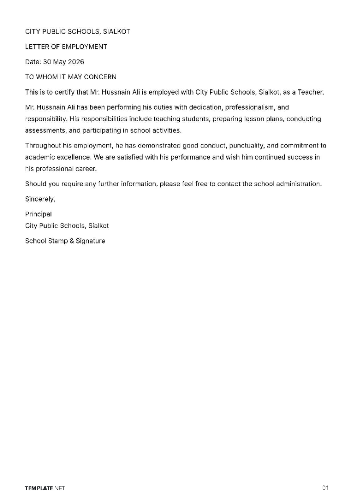 CITY PUBLIC SCHOOLS, SIALKOT TEACHER EMPLOYMENT LETTER TEMPLATE - Studocu