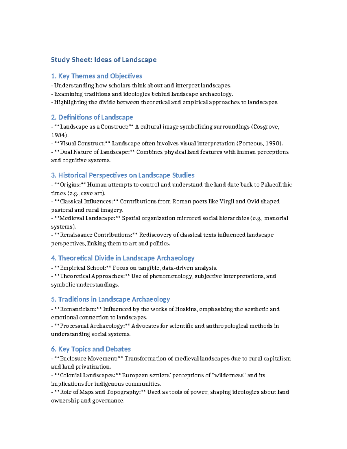 Study Sheet: Key Themes in Landscape Archaeology (Course Code) - Studocu