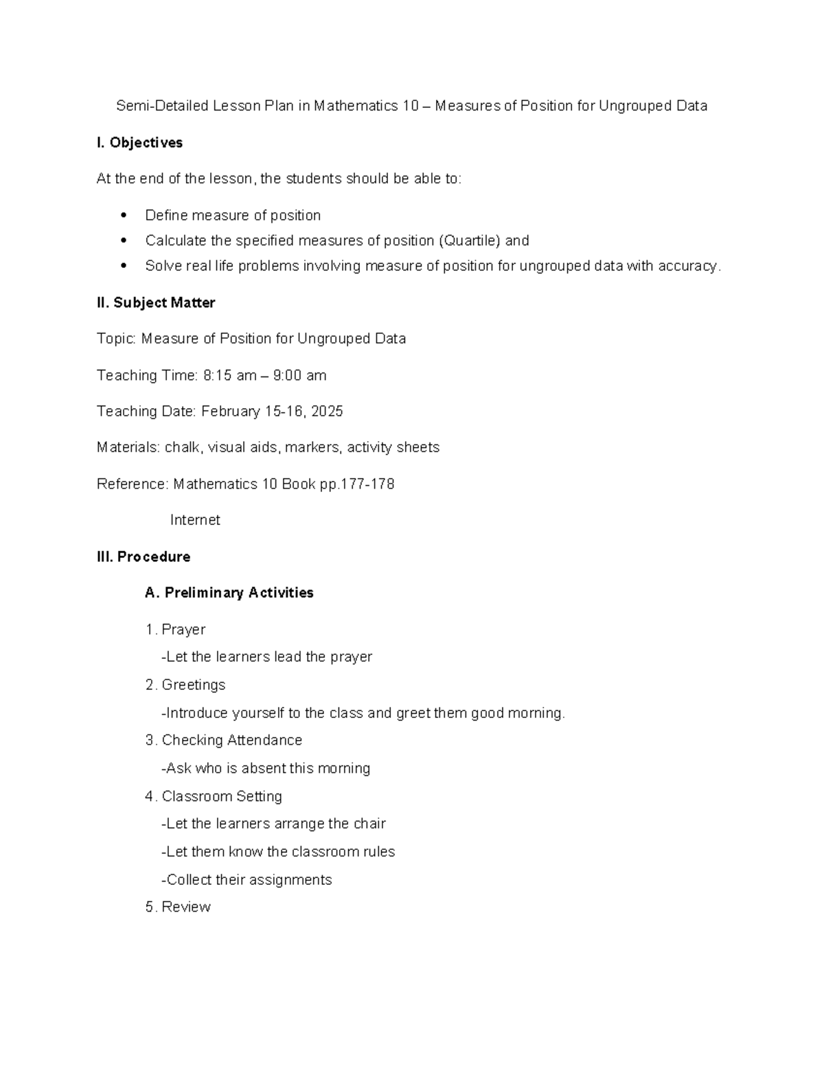 Semi-Detailed Lesson Plan: Math 10 Q4 W1 - Measures of Position - Studocu