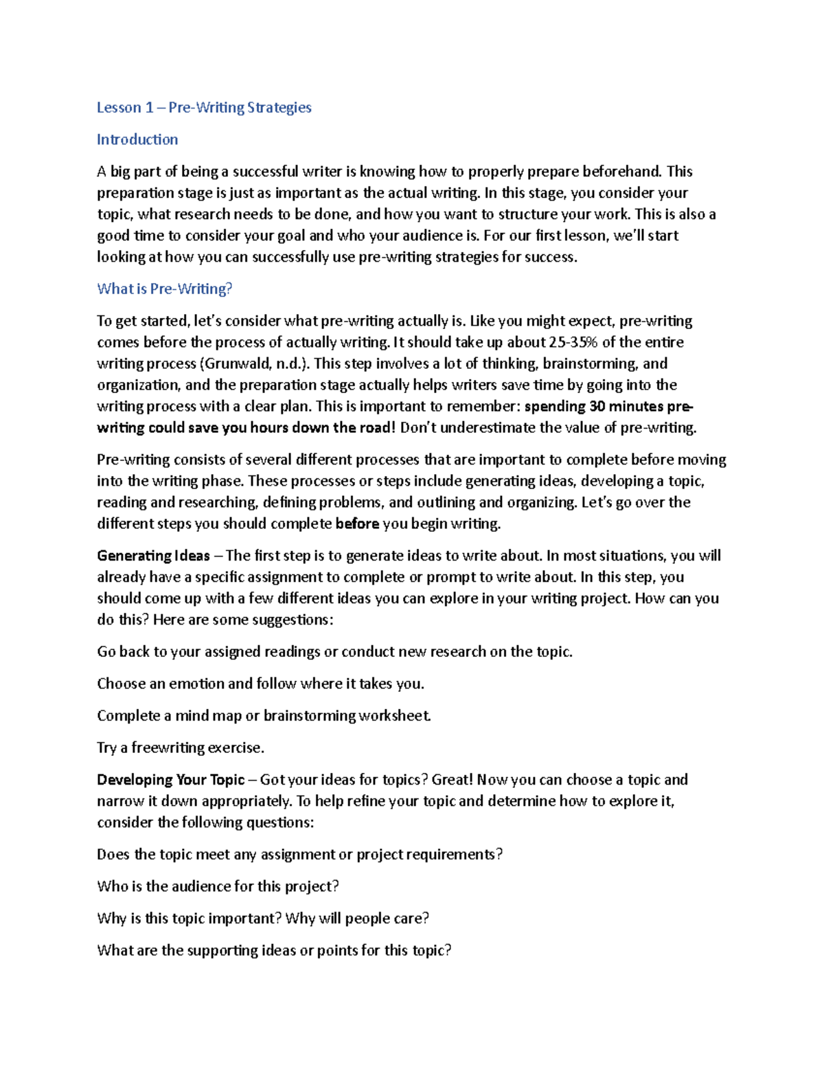 Lesson 1 – Pre-Writing Strategies - Lesson 1 – Pre-Writing Strategies ...