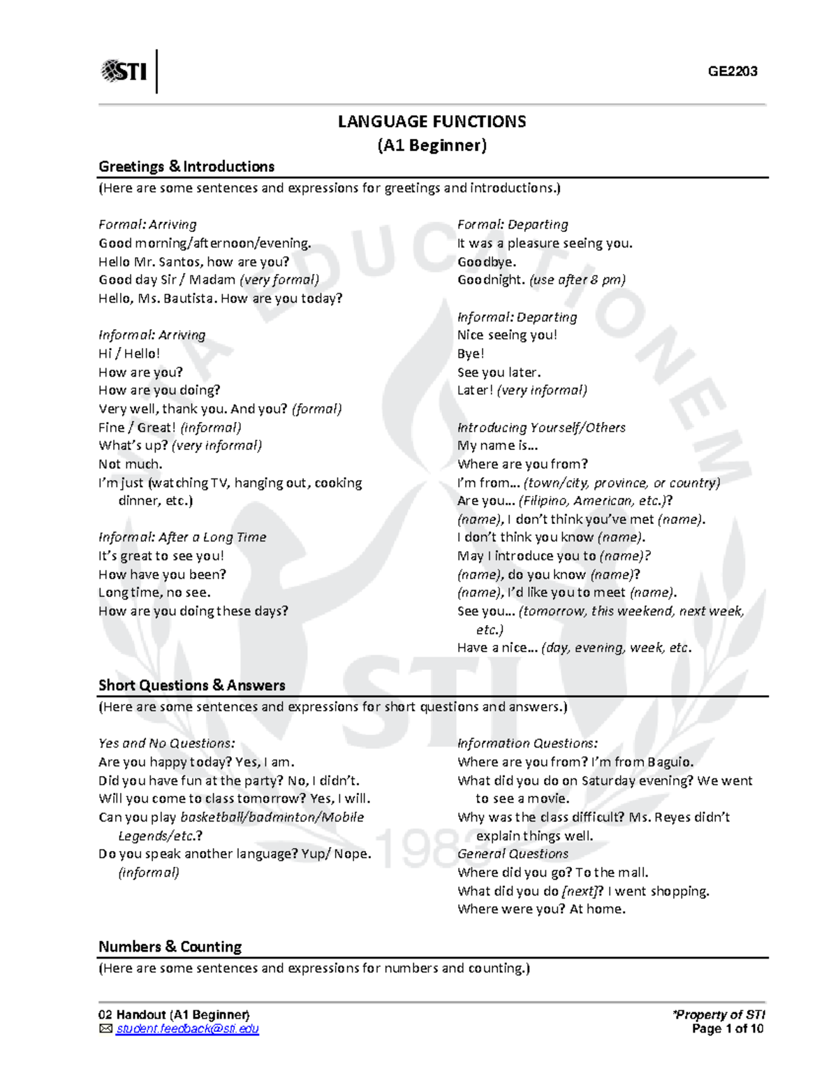 GE2203 LANGUAGE FUNCTIONS (A1 Beginner) Greetings & Introductions - Studocu