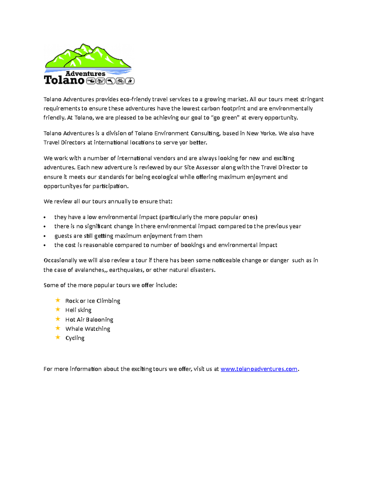 Tolano Adventures Corporate Profile: Eco-Friendly Travel Overview - Studocu