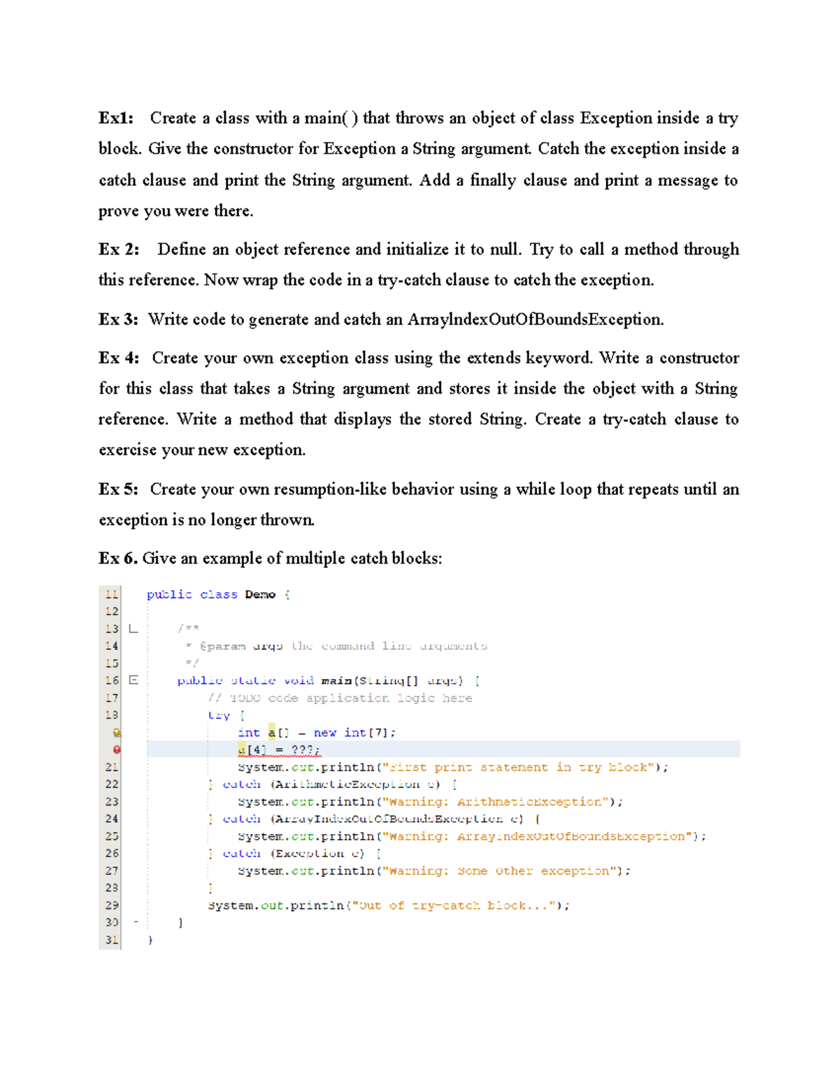 Java Exceptions Handling Practice Exercises - 5 - Studocu