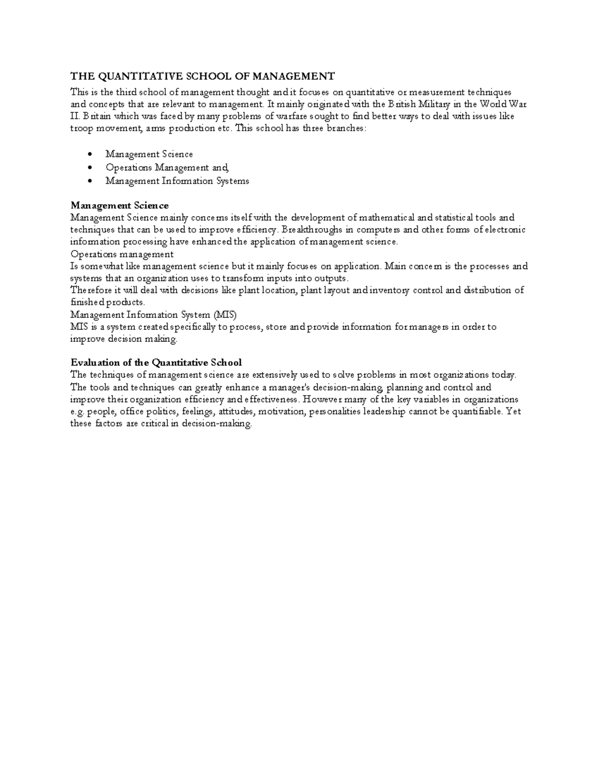 Management Science Theory: An Overview of the Quantitative School - Studocu